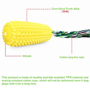Dog Chew Toys for Aggressive Chewers Dog Corn Toothbrush Stick Teeth Cleaning Squeaky Toy with Chewing Rope for Medium Dogs Tough Dog Dental Teeth Cleaning Chew Toy (Yellow)