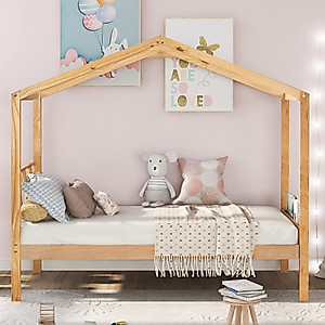 Harper & Bright Designs Twin Size House Bed for Kids, Twin Bed Frame with Headboard and Storage Space, Wooden Twin Bed for Girls, Boys,No Box Spring Needed,Natural