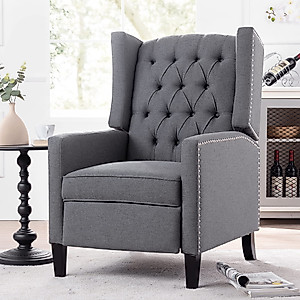 Pushback Recliner Chair,Comfy Wingback Recliner Sofa Chair with Adjustable Backrest,Tufted Fabric Accent Armchair with Vintage Rivets Trim for Living Room Office Home Theater (Gray-New)