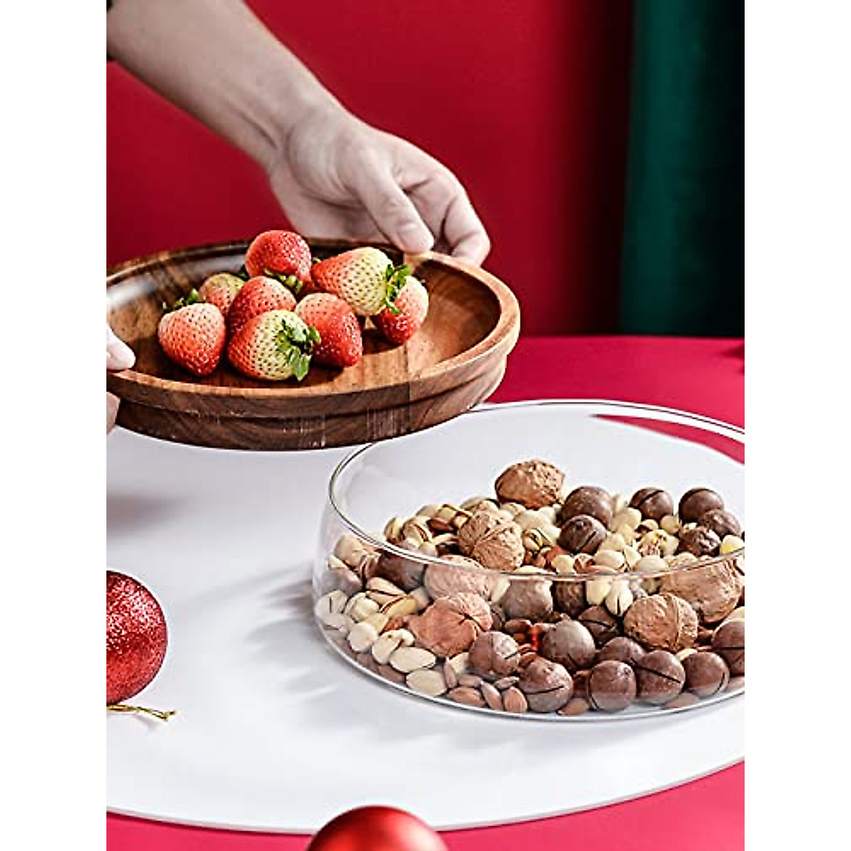 Ytzada Glass Candy and Nuts Serving Container with Wooden Lid, Round Food Storage Platter, Snack Tray Bread Plates Salad Fruit Vegetable Large Bowls