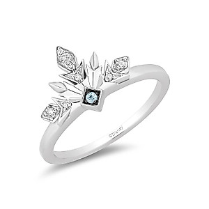 Jewelili Enchanted Disney Fine Jewelry Sterling Silver 1.5MM Round Cut Swiss Blue Topaz and 1/5 Cttw Natural White Round Diamonds Frozen 2 Elsa Snowflake Ring Size 7
