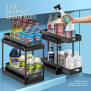 2 Tier Under Sink Organizers and Storage with 2 Sliding Drawers, Bathroom Organizer Under Sink Shelf, Multi-use Under Sink Storage Kitchen Basket with Hooks & Hang Cups for Countertop Cabinets