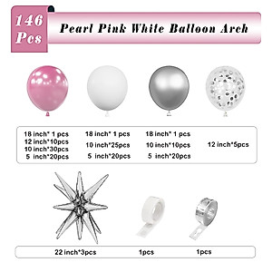 Aooxpok Pearl Pink White Balloon Garland Arch Kit,146Pcs Pearl Pink Balloon White Balloon Sliver Balloon for Girl's Birthday Bridal Baby Shower Valentine's Day Princess Theme Party Decorations