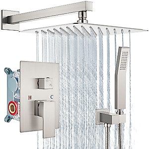 Aolemi Rainfall Shower System 12 Inch Shower Head Brushed Nikcel Combo Set with Handheld Shower Rough-In Valve Included Wall Mount Bathroom Shower Mixer Faucet