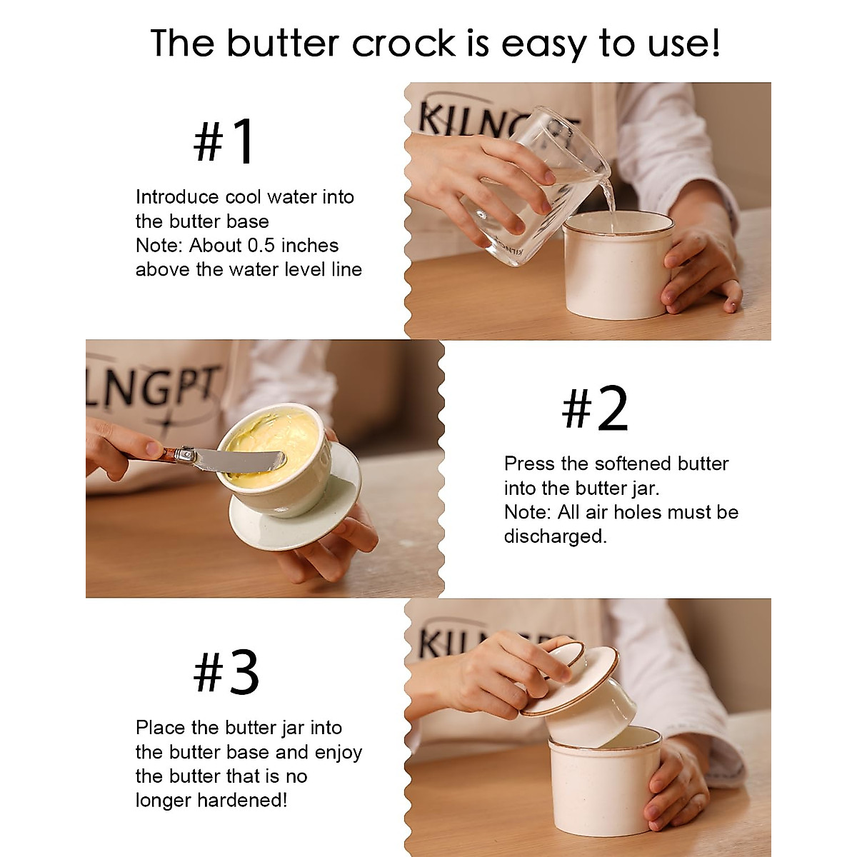 Jersinwei French Butter Dish, Butter Crock for Counter with Water Line, Ceramic Butter Keeper for Spreadable Butter - Chrismas Gift Home Kitchen Decor - Reactive Glaze Collection - Shell White