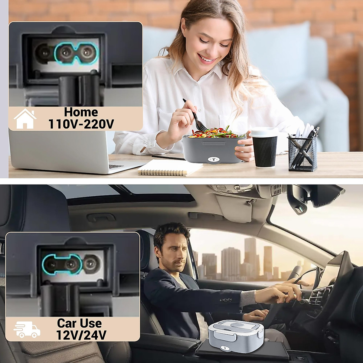 Tinaforld Electric Lunch Box with 1.5L Large Capacity Stainless Steel Removable Container for Adults,Heated Portable Food Warmer Lunch Box for Work,Leakproof Fast Heating(Grey)