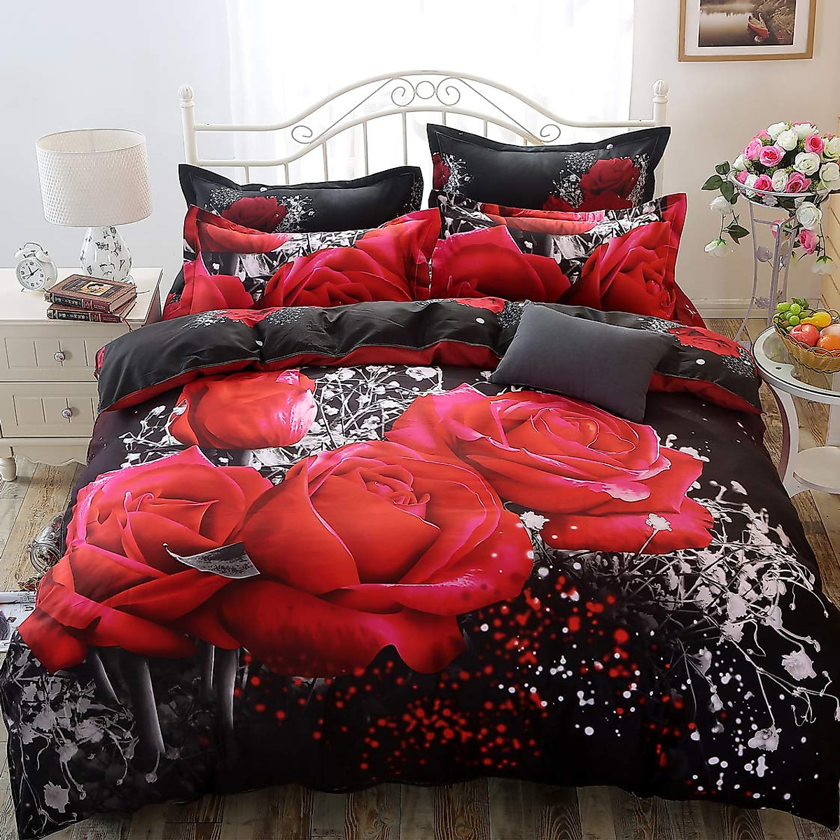 3D Bedding Set Home Textile Hot Red Rose Pattern 4pcs Queen Size Duvet Cover Sets Full King Twin Red Bed Sheet Set