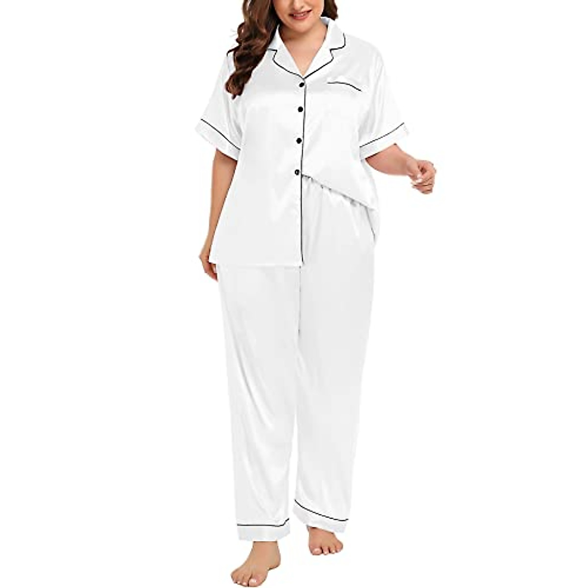 SWOMOG Plus Size Silk Pjs for Women Satin Pajamas Bridal Pajama Set V-Neck Classic Pj Set for Pajama Party 2 Piece Loungewear 24W White