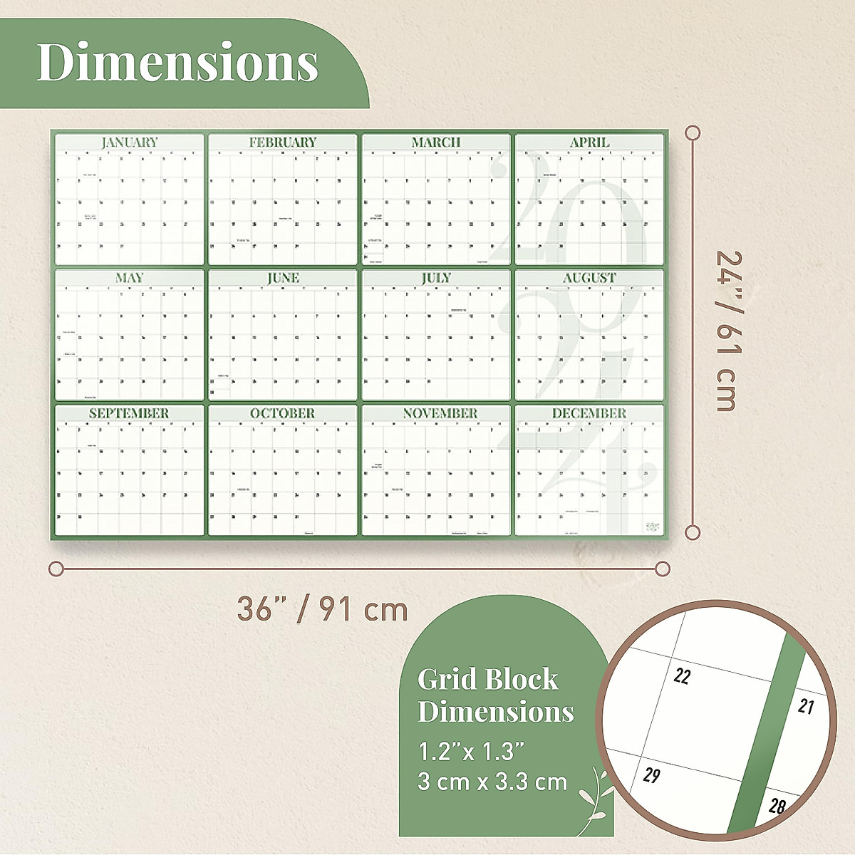 Rileys & Co 2025 Large Annual Erasable Laminated Wall Calendar, Jan 2025 - Dec 2025, 24 x 36 Inch, 2-Sided Reversible Vertical/Horizontal (Green)