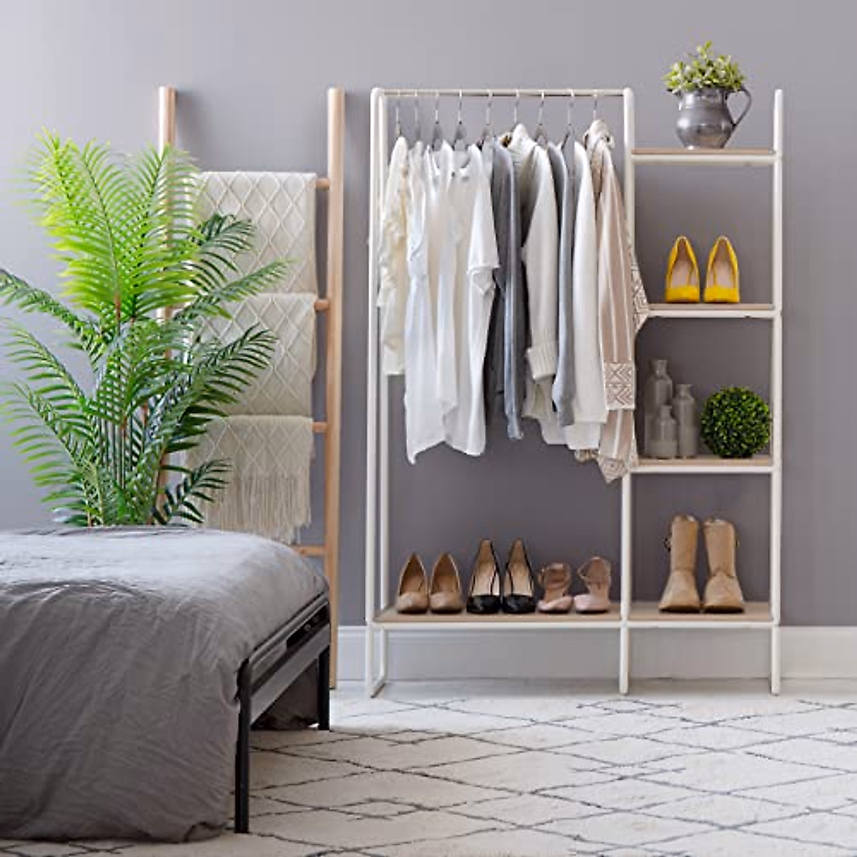 IRIS USA Clothing Rack, Clothes Rack with 4 Wood Shelves, Freestanding Clothing Rack, Easy to Assemble Garment Rack, Standing Metal Sturdy Clothing Rack, Small Space Storage Solution, White