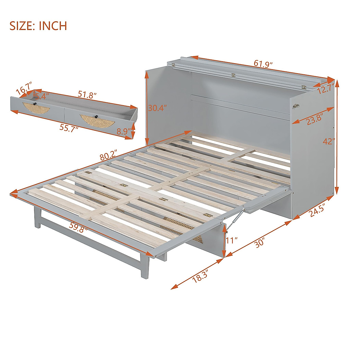 XD Designs Queen Size Murphy Bed with Large Storage Drawer and Charging Station, Versatile Traditional Solid Wood Murphy Bed Chest Cube Cabinet Bed, Convertible Space-Saving Design (Gray-TYX, Queen)
