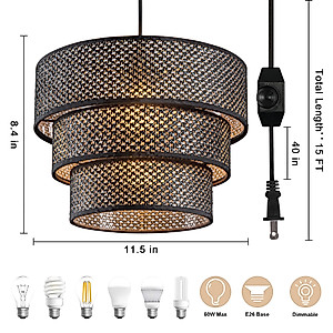 Mateyrie Plug in Pendant Light, Hanging Lamp with Dimmable Switch, Pendant Light Fixtures with 15 Ft Cord, Hanging Light with Black Rattan Shade for Bedroom, Kitchen, Living Room, Dining Table