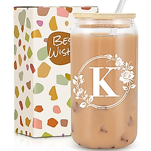 Birthday Gifts for Women, Monogrammed Initial Glass Cup Personalized Gifts for Women, 16oz Glass Cups with Lids and Straws, Iced Coffee Cup, Beer Can Shaped Glass - Personalized Christmas Gifts K