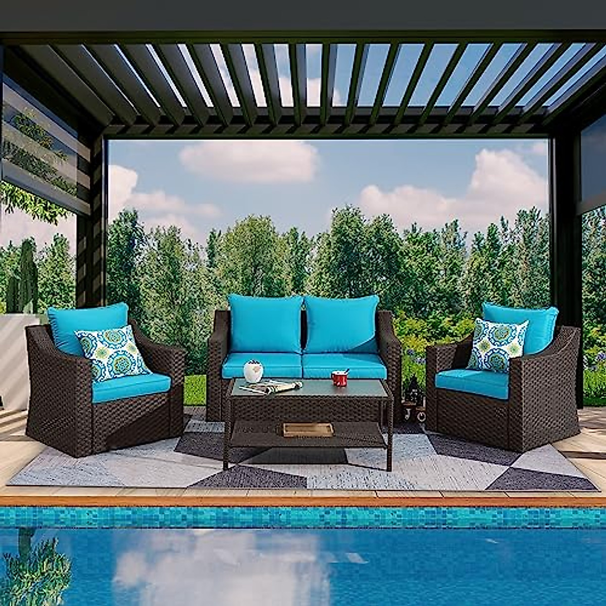 HEYNEMO Outdoor Patio Furniture Sets, 4 Pieces Outdoor Sectional Rattan Sofa Set, Brown PE Wicker Patio Conversation Sets with 8 PCS Lake Blue Washable Cushion and Tempered Glass Table