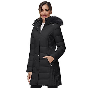 SLOW DOWN Women Winter Down Puffer Coat Warm Hooded Mid-Length Down Jacket for Women with Faux Fur Trim Hood and Pile Collar (Black, XL)