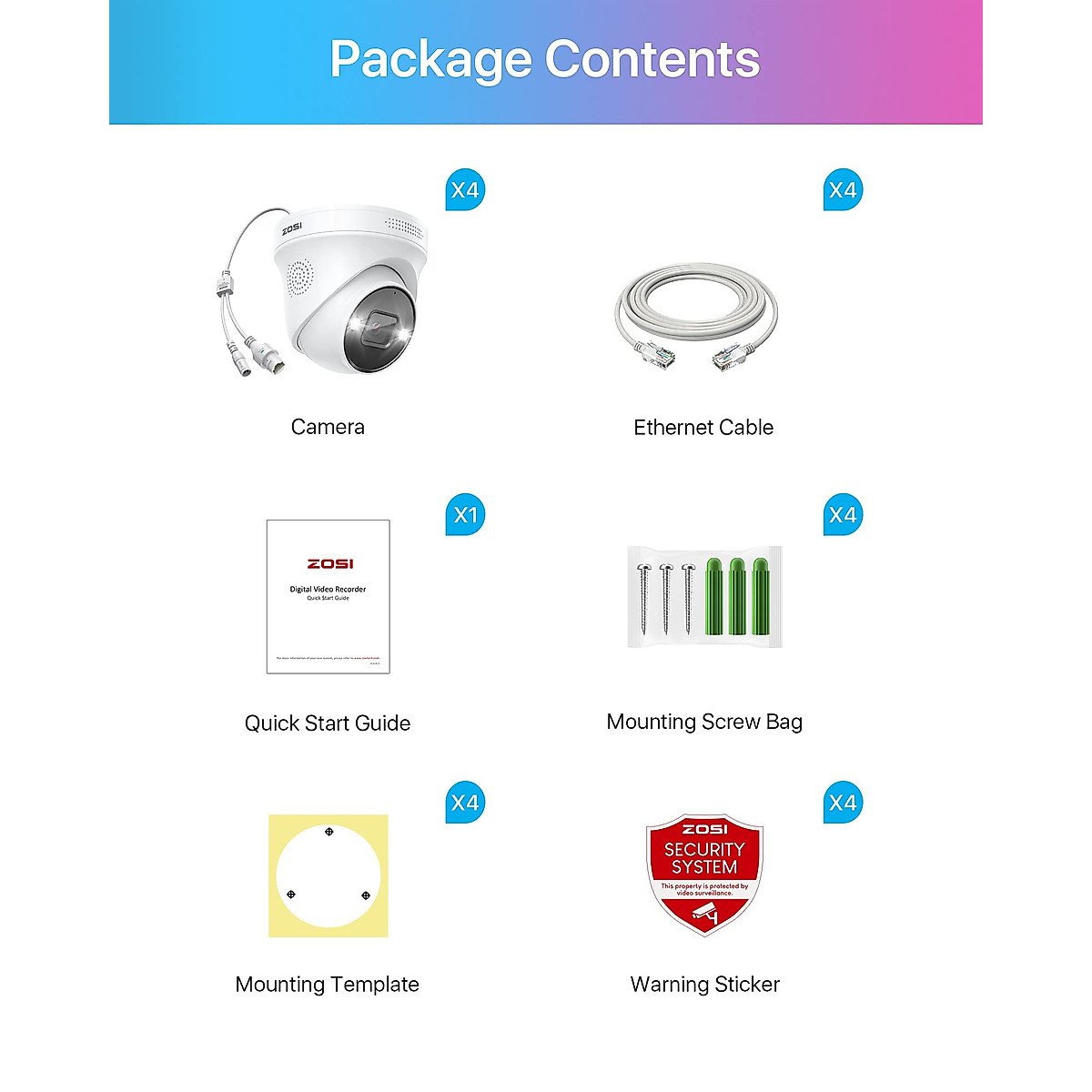 ZOSI 4PK 4K PoE Add On Camera with Ethernet Cables,8MP Weatherproof Outdoor Indoor Dome Security Camera with Person/Vehicle Detection,Night Vision,2 Way Audio,Only Compatible with ZOSI 4K POE NVR