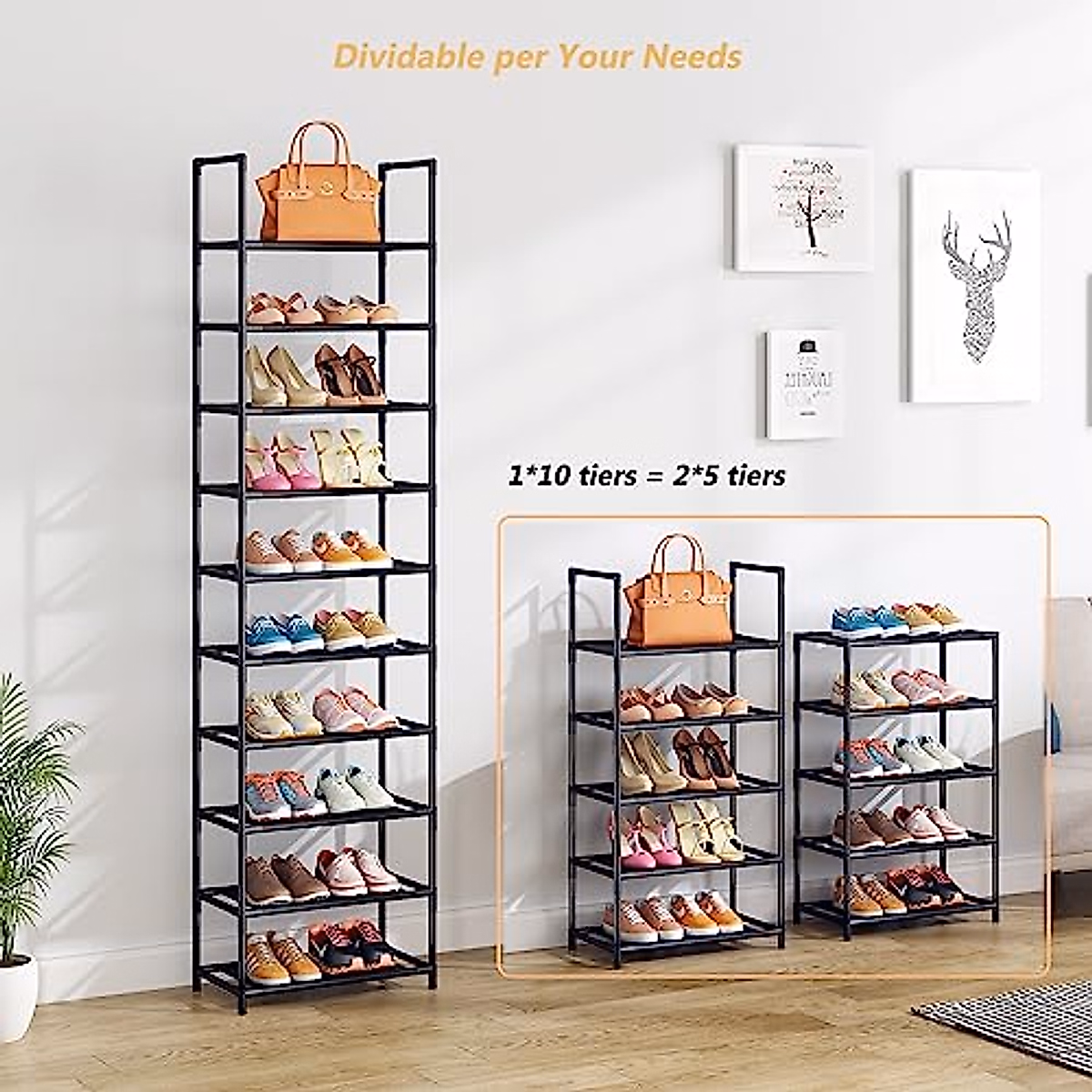 WOKKOW 10 Tiers Tall Shoe Rack for Closet Entryway 20-25 Pairs Shoe Closet Organizers and Storage Free Standing Shoe Shelf Shoe Storage with Hooks