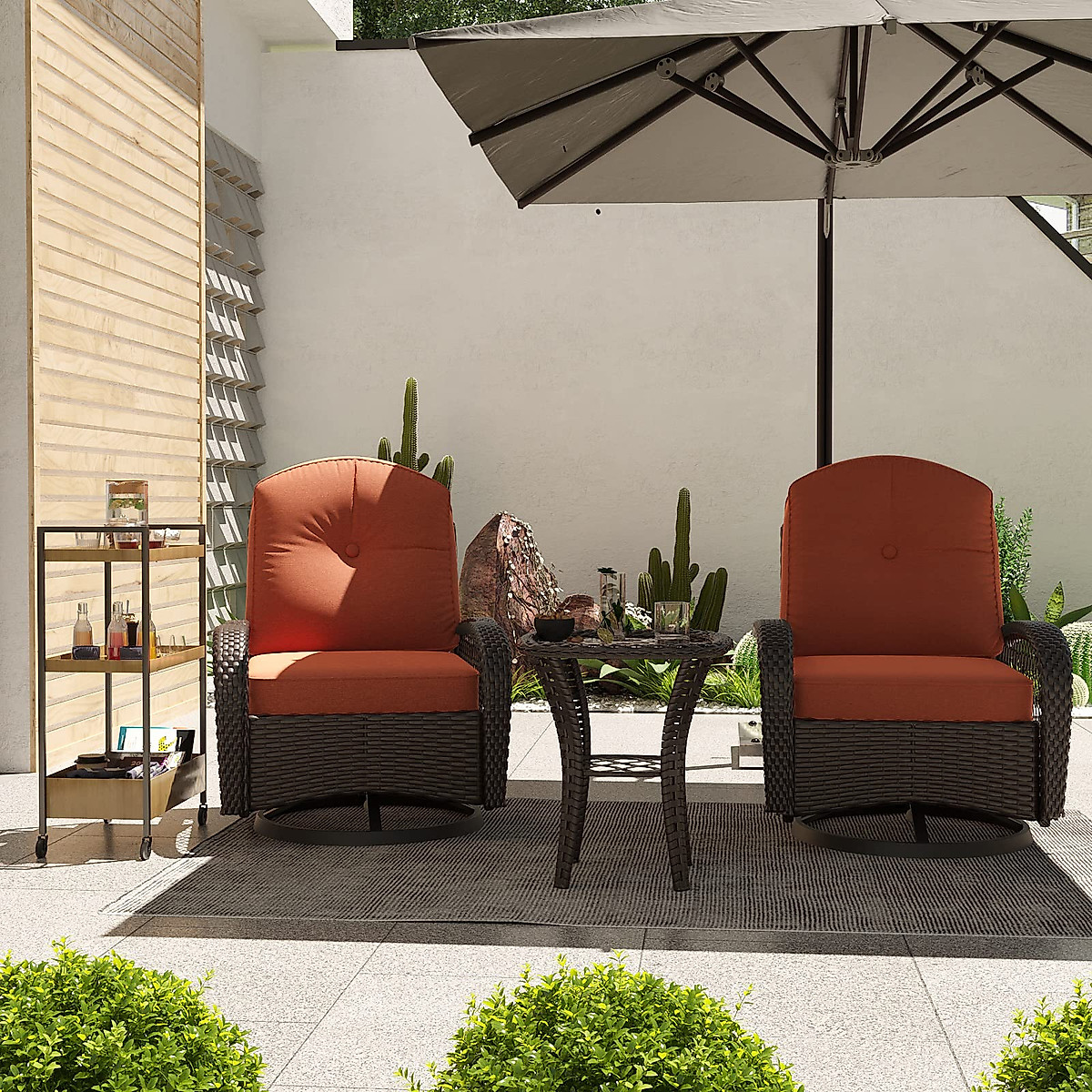 Apepro Patio Furniture Set,3 Pieces Outdoor Rocking Chair, Patio Wicker Chairs Set of 2,Patio Bistro Set with Premium Cushions and Coffee Table,Orange
