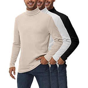 Ficerd 3 Pack Men's Turtleneck Shirts, Long Sleeve Cotton Pullover Sweaters Mock Neck Knitted T Shirt Basic Slim Fit Tee Tops(Black, White, Apricot,Large)