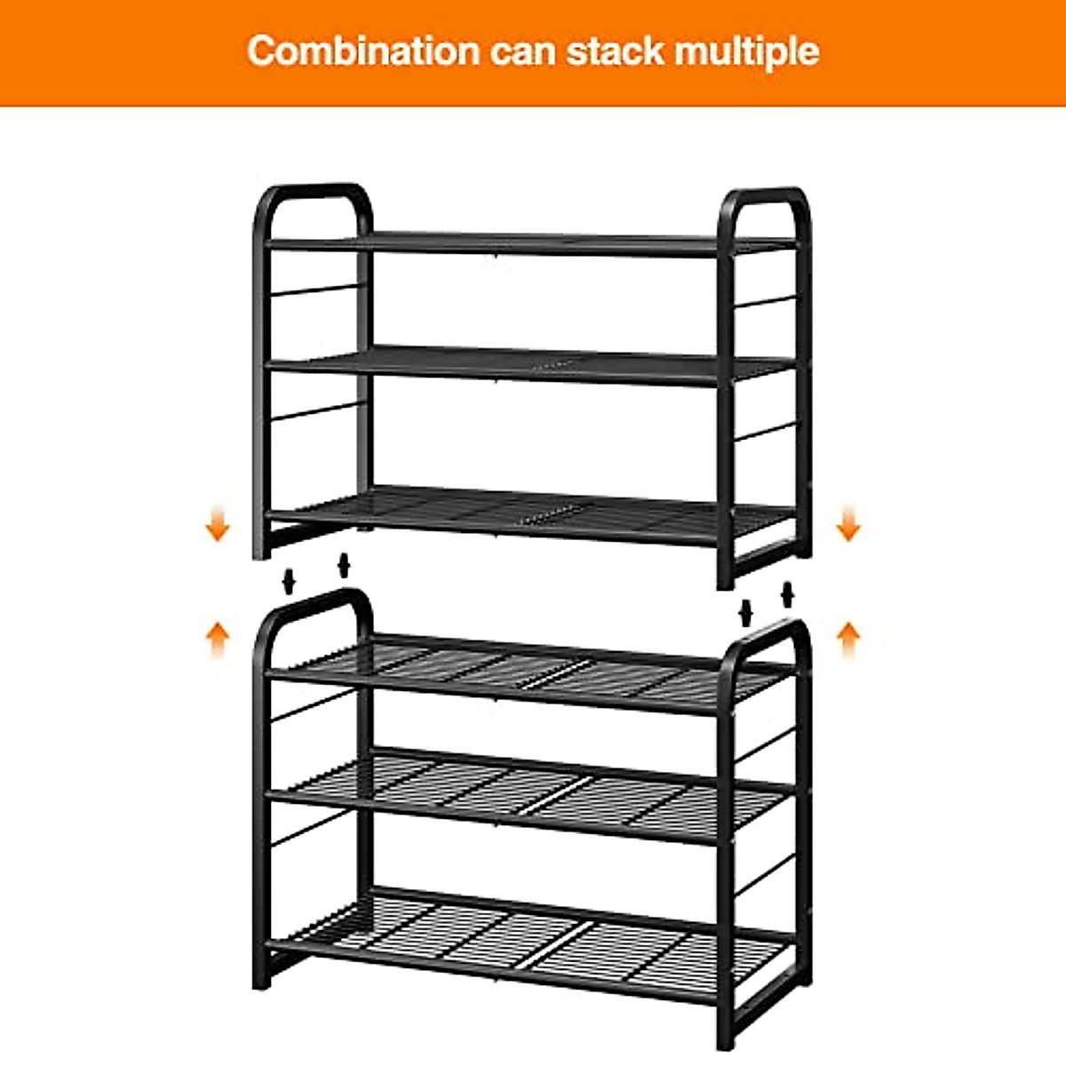 LEGUANG 3-Tier Stackable Shoe Rack Storage Organizer, for Bedroom Closet, Entryway, Hallway, Expandable & Adjustable, Wire Grid, Black