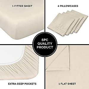 Queen Size Sheet Set - 6 Piece Set - Hotel Luxury Bed Sheets - Extra Soft - Deep Pockets - Easy Fit - Breathable & Cooling Sheets - Wrinkle Free - Comfy - Cream Bed Sheets - Queens Sheets - 6 PC