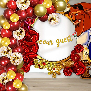 Be Our Guest Party Decoration Banner, Beauty and the Beast Birthday Party Balloon Garland Arch Red and Gold for Bachelorete Party Baby Shower Wedding Engagement Party Housewarming Decorations