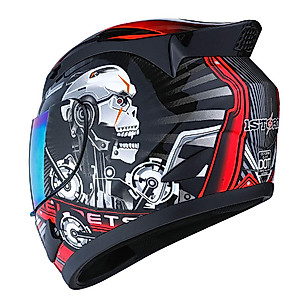 1Storm Motorcycle Bike Full FACE Helmet Mechanic Skull - Tinted Visor RED