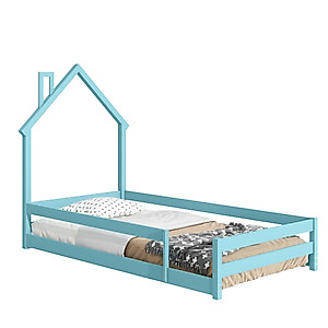 Floor Bed with Rails, Twin Size Montessori Bed with House Shape Headboard and Fence, Wood Floor Bed Frame for Kids Boys Girls, Box Spring Needed, Blue