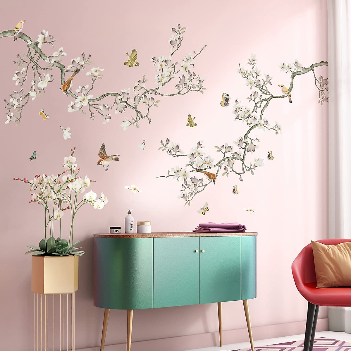 Green Leaf Branch Wall Decals White Flowers Wall Stickers DIY Removable Butterflies and Birds Wall Sticker Art Home Decoration for Kids Baby Girls Bedroom Classroom Offices Nursery TV Sofa Background (B)