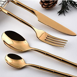 60 Piece Bamboo Shaped Flatware Set Service for 12, 18/10 Stainless Steel Rose Gold Bamboo Handle Silverware Cutlery Set For Home Kitchen Hotel Utensils, Mirror Polished, Dishwasher Safe