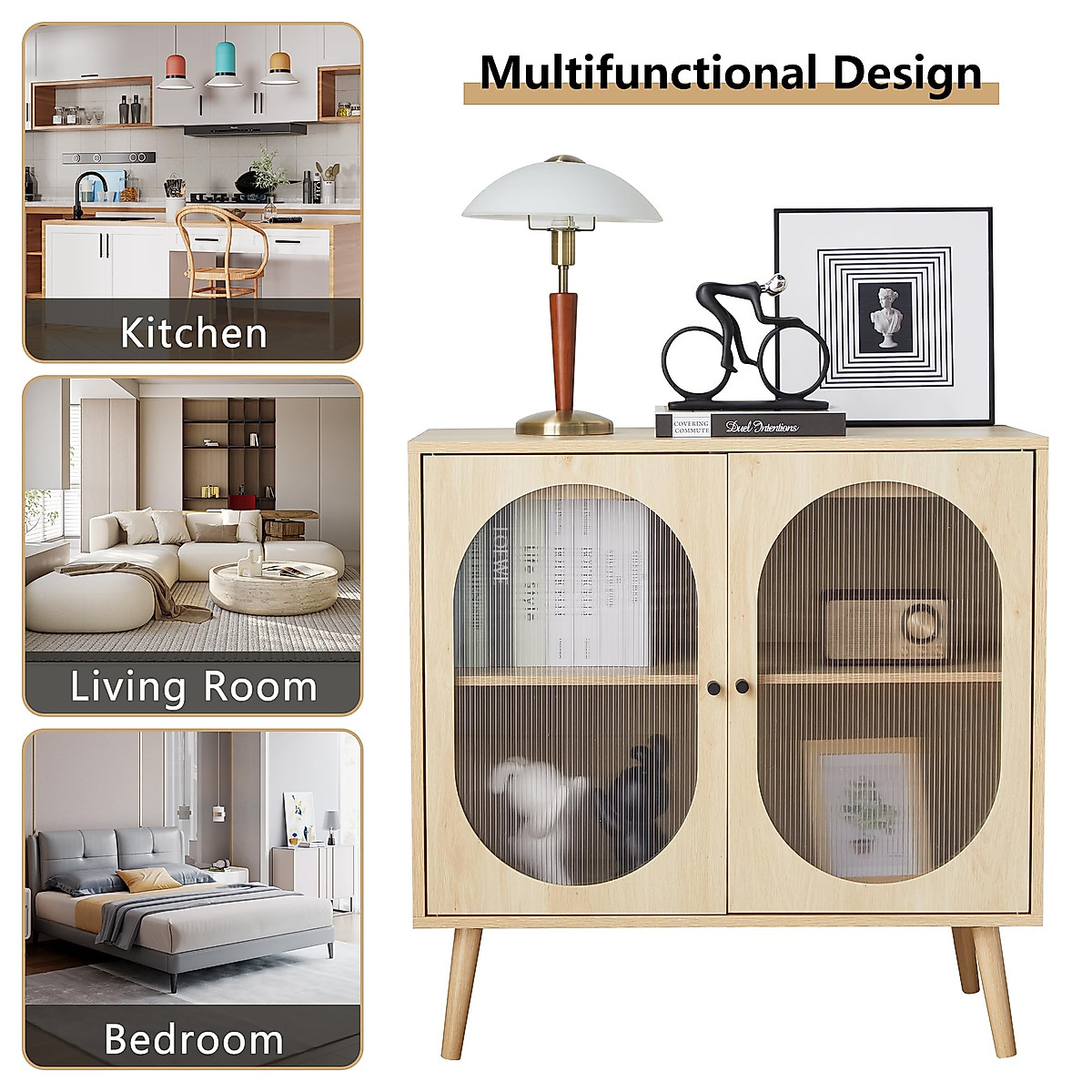 PHOYAL Sideboard Buffet Cabinet, Modern Sideboard Cabinet Accent Storage Cabinet with 2 Doors and Adjustable Shelves Storage Cabinet for Kitchen, Living Room, Hallway, Natural X 2