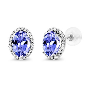 Gem Stone King 10K White Gold 7X5MM Oval Gemstone Birthstone and White Diamond Halo Earrings | White Gold Earrings for Women