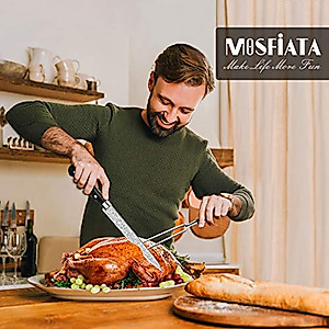 MOSFiATA 8" Carving Knife and 7" Fork Set Brisket Slicing Knife Premium Meat Cutting Knife German High Carbon Stainless Steel EN.4116 BBQ knives for Slicing Meats, Fruits and Vegetables