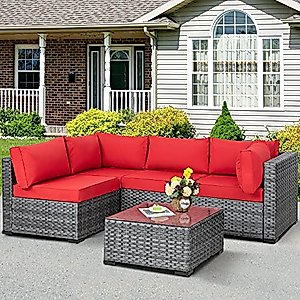 JAMFLY 5 Pieces Patio Furniture Sets, Wicker Outdoor Sectional Furniture with Glass Table and Cushions, Rattan Patio Conversation Sets for Garden, Poolside, Backyard (Red)