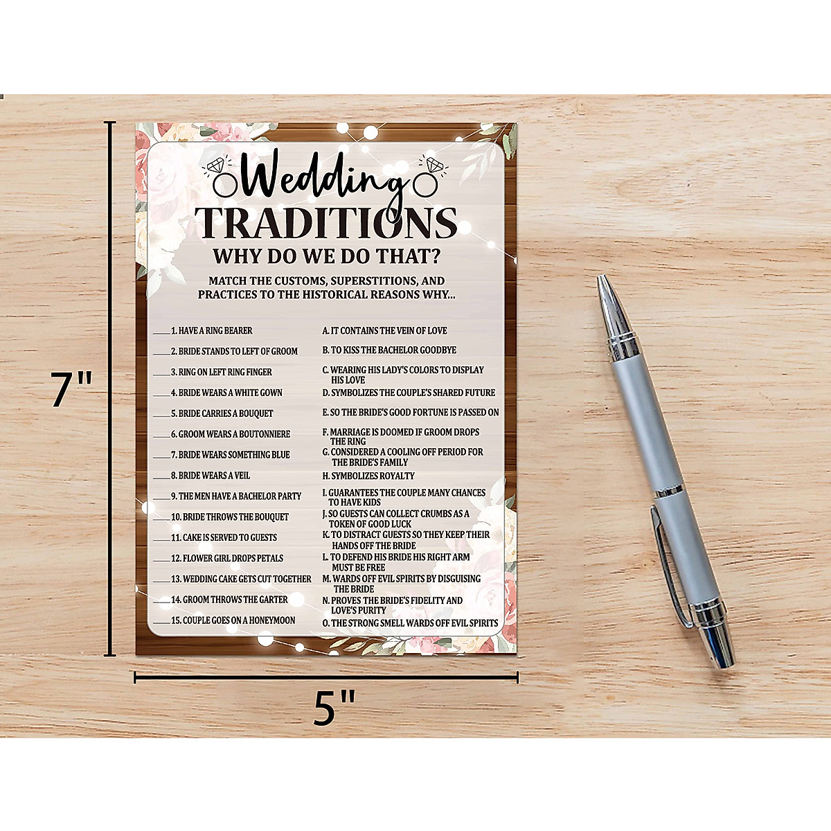 Bridal Shower Game Cards, Wedding Traditions Game, Rustic Wood Pink Floral Engagement Party Cards For Wedding, Set of 30 Cards(brown001)