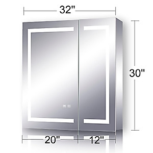 Chende 30x32 Medicine Cabinet with Lights, Stainless Steel LED Medicine Cabinet for Bathroom, Anti-Fog Lighted Medicine Cabinet with 2 Mirror Doors, Dimmer, Interior Lights