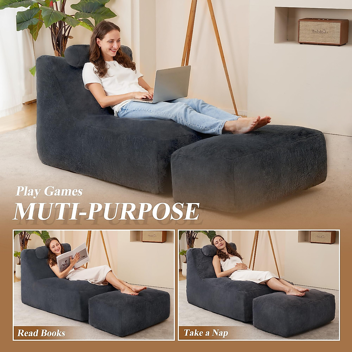 Homguava Bean Bag Chair Large Indoor Beanbag Sofa Lazy Beanbag with Neck Roll&Ottoman Cozy Floor Sofa with Washable Cover&Side Pocket for Bedroom (Dark Grey)