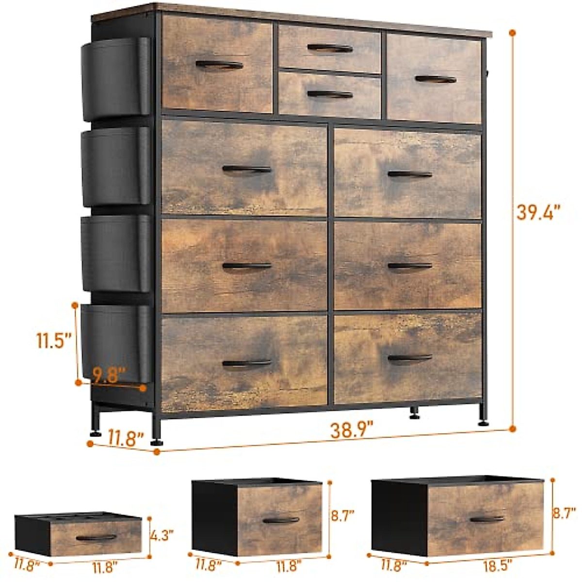 YaFiti 10 Drawer Dresser, Chest of Drawers for Bedroom, Fabric Dresser Drawers with Side Pockets, Hooks, Wooden Top and Sturdy Metal Frame for Living Room, Closet, Hallway, Nursery (Rustic Brown)
