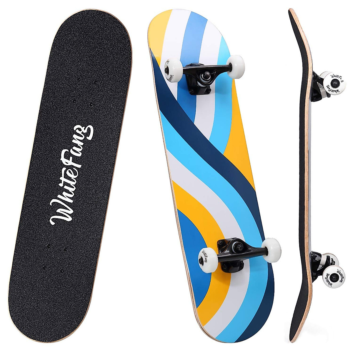 WhiteFang Skateboards for Beginners, Complete Skateboard 31 x 7.88, 7 Layer Canadian Maple Double Kick Concave Standard and Tricks Skateboards for Kids and Beginners (Skate Lane)