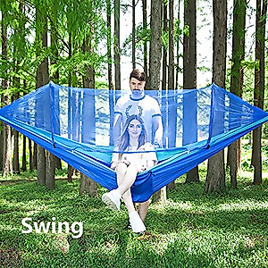 LFL Camping Hammock with Mosquito Net, Hammocks with 13ft Tree Straps Carabiners, Automatic Quick Open Outdoor Portable Hammock, Nylon Parachute Material Hammock with net, Blue