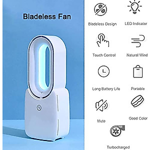 Table Fan with LED Lights, Bladeless Cooling Fan Desk Fan with 4 Speeds( Included 1 Natural Wind)+5 Decorative Gradient Lights, Leafless Design Fan Portable Fan Rechargeable USB Desk Fan Personal Fan for Home Office 11.8 Inch Air Circulator Fan