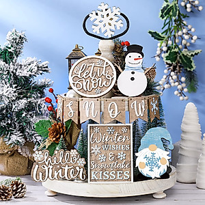 Qunclay Christmas Winter Tiered Tray Decor Wooden Signs Snowman Snowflake Wood Blocks Winter Farm Directional Sign Rustic Tabletop Signs Farmhouse Tiered Tray Decorations(Snowman Style, 12 Pcs)