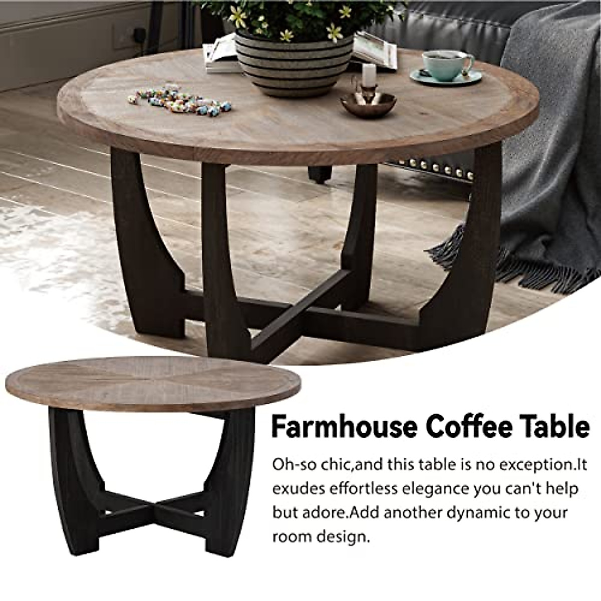 COZAYH Rustic Farmhouse Coffee Table with Crisscross Base, French Country Accent Table for Family, Dinning or Living Room, Modern, Round