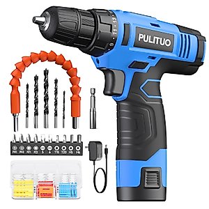 PULITUO 12V Blue Cordless Drill Set Power Drill Kit with Battery and Charger,electric drill home improvement,3/8-Inch Keyless Chuck,Built-in LED,21+1 Torque Setting small drill