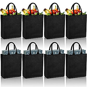 DEAYOU 8 Pack Jute Burlap Tote Bag, Burlap Gift Bag with Handle, Jute Beach Tote Laminated Interior, Reusable Lined Grocery Shopping Bag for Bridesmaid, DIY, Wedding,9.8''x11.8''x3.9'', Black