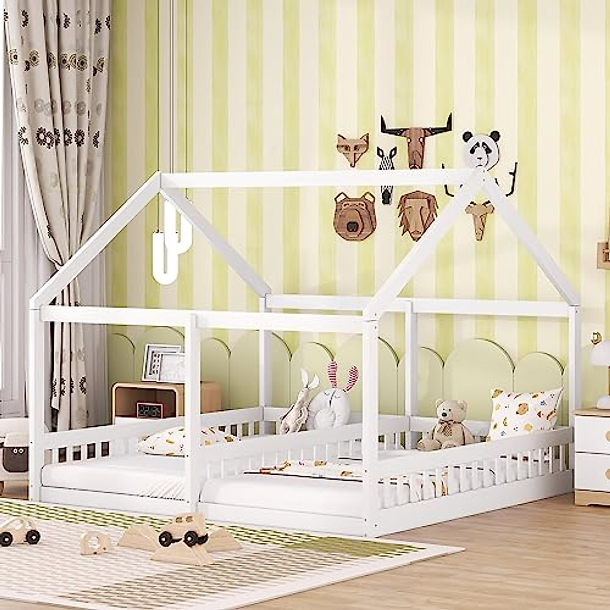 Harper & Bright Designs Kids House Bed Frame with 2 Twin Platform Beds,Wooden Double Twin Beds with Triangular Roof,Montessori Floor Bed Twin with Rails for Girls or Boys, No Box Spring Needed,White