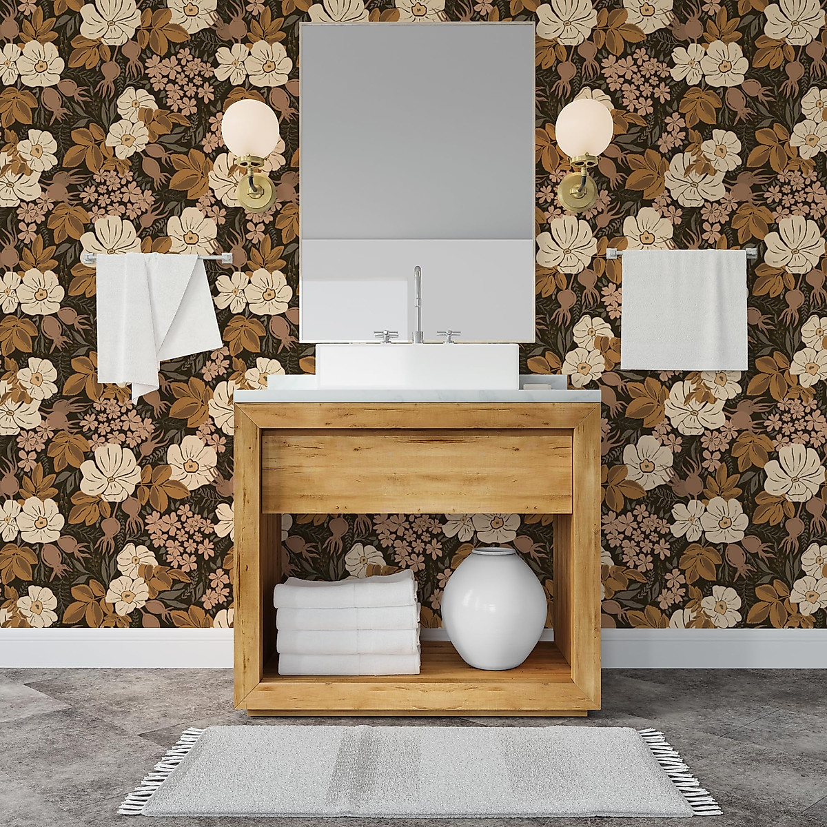 UniGoos Beige Flowers Peel and Stick Wallpaper Brown Leaves Temporary Wall Paper Roll Modern Self Adhesive Contact Paper for Cabinet Kids Room DIY Decor 17.7" x 118.1"