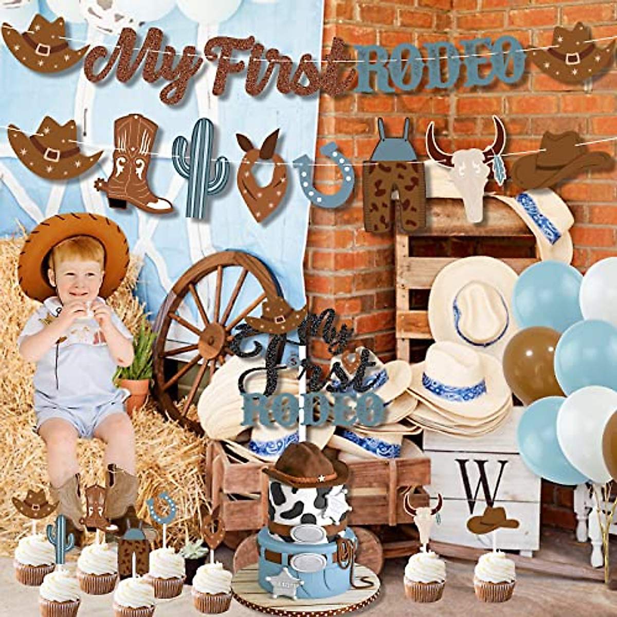 Cowboy Birthday Decorations, My First Rodeo Birthday Party Supplies Boy, My First Rodeo Banner Cake Topper Balloons for Boy Western Birthday Cowboy Baby Shower Cowboy Party Decorations