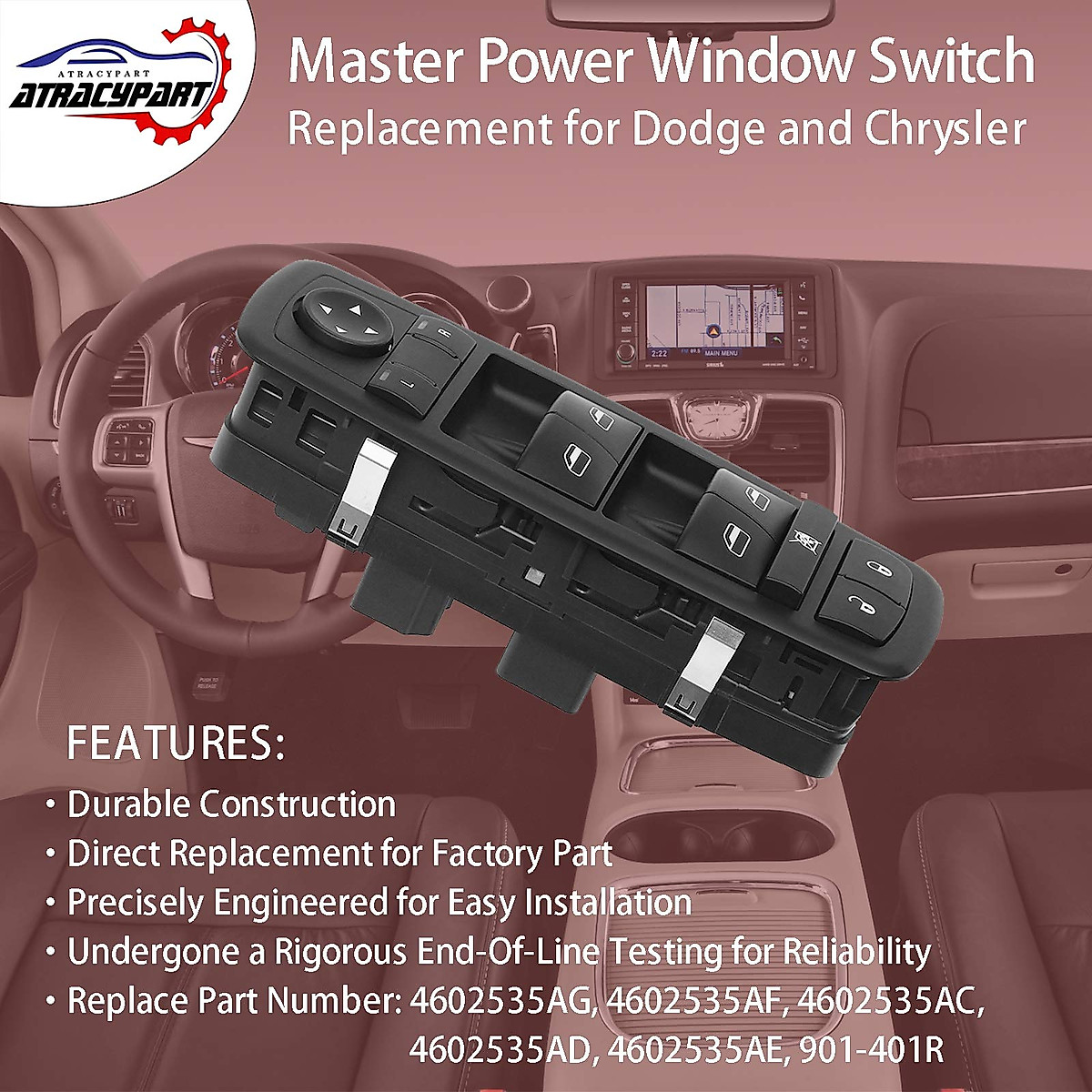 Master Power Window Switch Front Left Driver Side | 3 PINS + 0 PIN | Replacement for 2008-2009 Chrysler Town & Country Dodge Grand Caravan | Replaces# 4602535AG, 4602535AF, 4602535AC, 901-401R