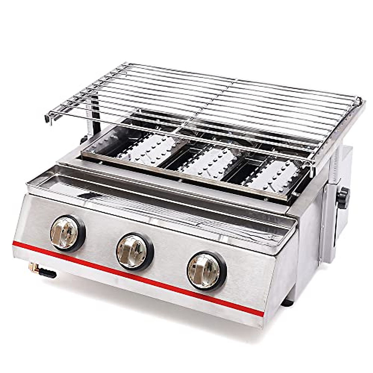 Tabletop Grill, 3-Burner Side Gas Grill, Portable Barbecue Grill, Stainless Steel BBQ Grill Cooker with Grill Net for Camping Parties Barbeque Picnics Outdoor Use